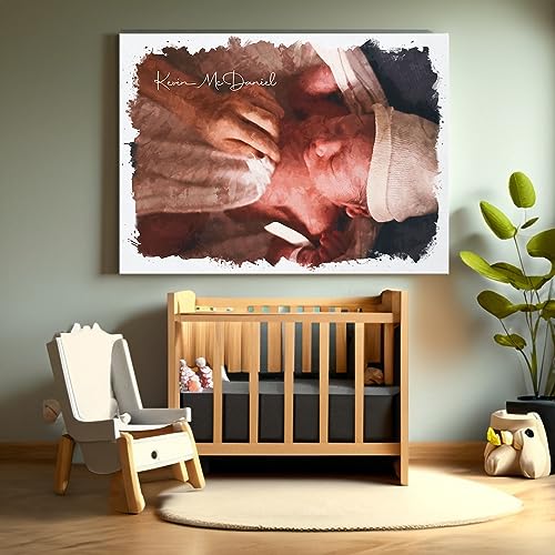 Personalized Baby Watercolor Canvas Painting With Name Printed On Premium Gallery Wall Art - Custom Newborn Portrait From Photo (S - 11x14 Inches)