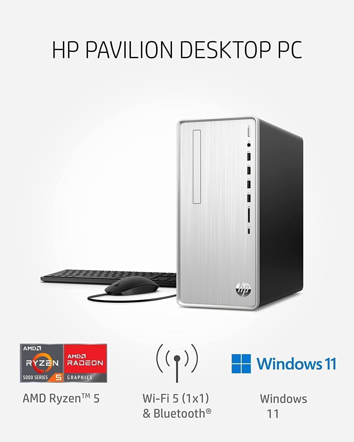 HP Pavilion Desktop PC, AMD Ryzen 5 5600G 6-Core up to 4.40 GHz, 16GB RAM, 1TB SSD, Windows 11 Pro,Wi-Fi 5,Wired Keyboard and Mouse Combo, Pre-Built PC Tower
