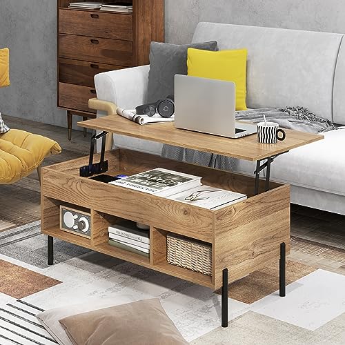 Tangkula Lift Top Coffee Table with Metal Legs, Rising Center Table w/Hidden Compartment & 3 Open Cubbies, Multifunctional Wood Dining Working Table for Living Room Reception Room (Natural)