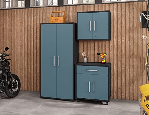 Manhattan Comfort Eiffel 3-Piece Storage Garage Set in Matte Black and Aqua Blue