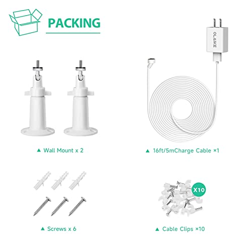 OLAIKE 5m/16ft Charge Cable with DC Power Adapter Bundle with Smart Home Adjustable Metal Wall Mount (2 Pack) for Google Nest Cam Outdoor or Indoor (Battery) - 2nd Gen, White