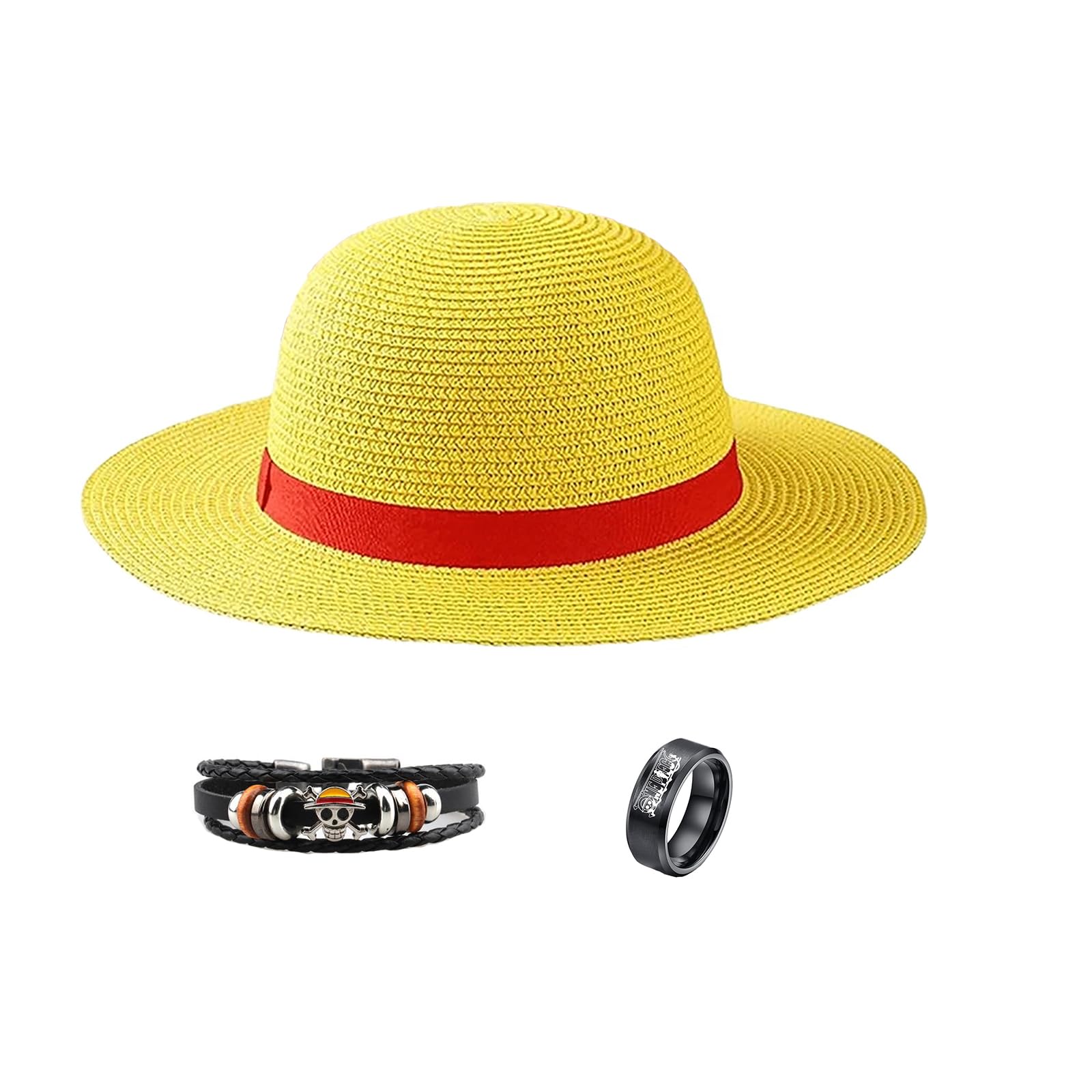 Jintoong 3Pcs One Piece Luffy Straw Hat Anime Cosplay Accessories Hat Performance Animation Props Party Costume Beach Hats & Bracelet Ring
