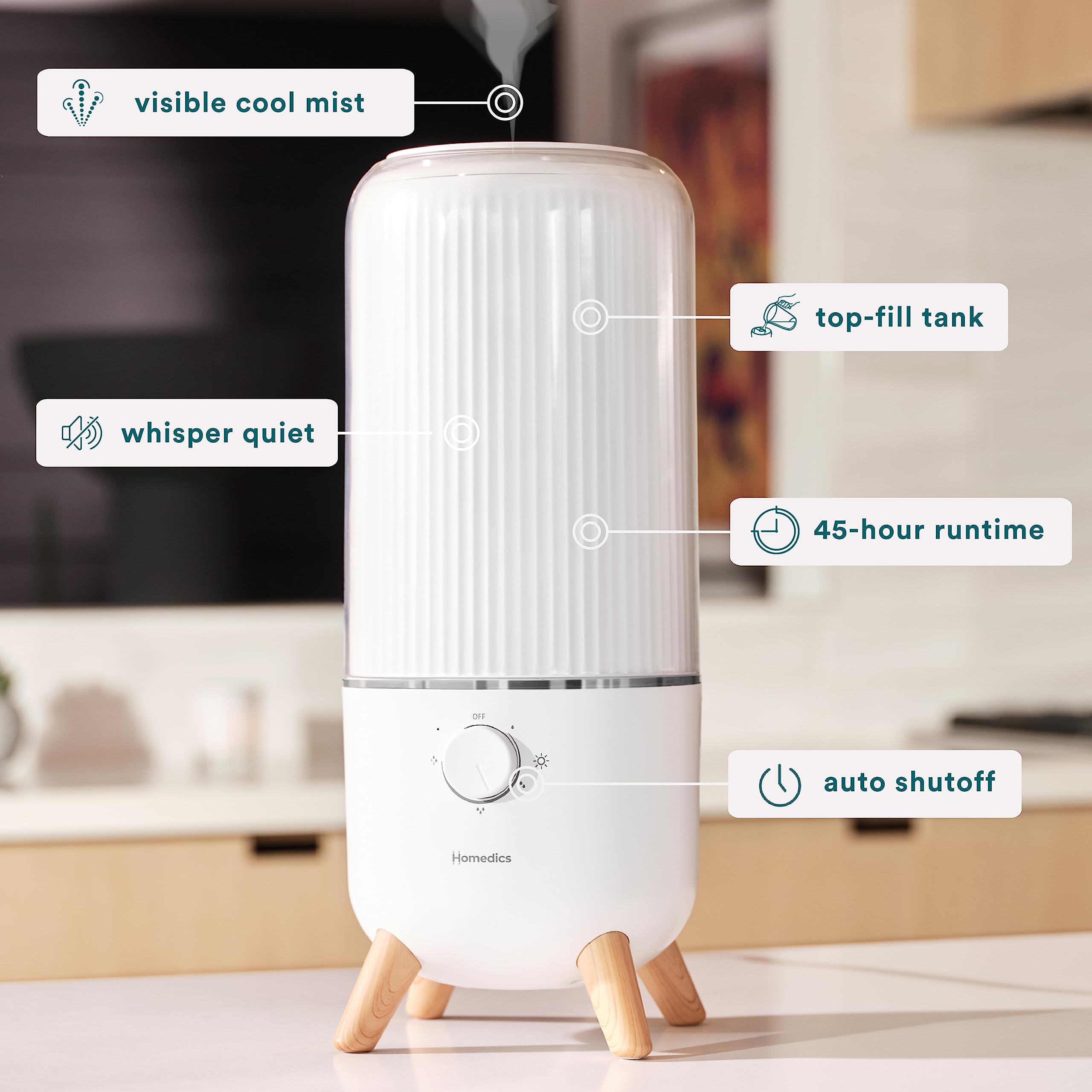 Homedics Ultrasonic Humidifier, Bedrooms and Home Offices, 0.97-Gallon Tank, 45-Hour Runtime, Visible Ultra-Quiet Cool Mist, Aromatherapy, Demineralization Cartridge, Night-Light, Auto-Off, White