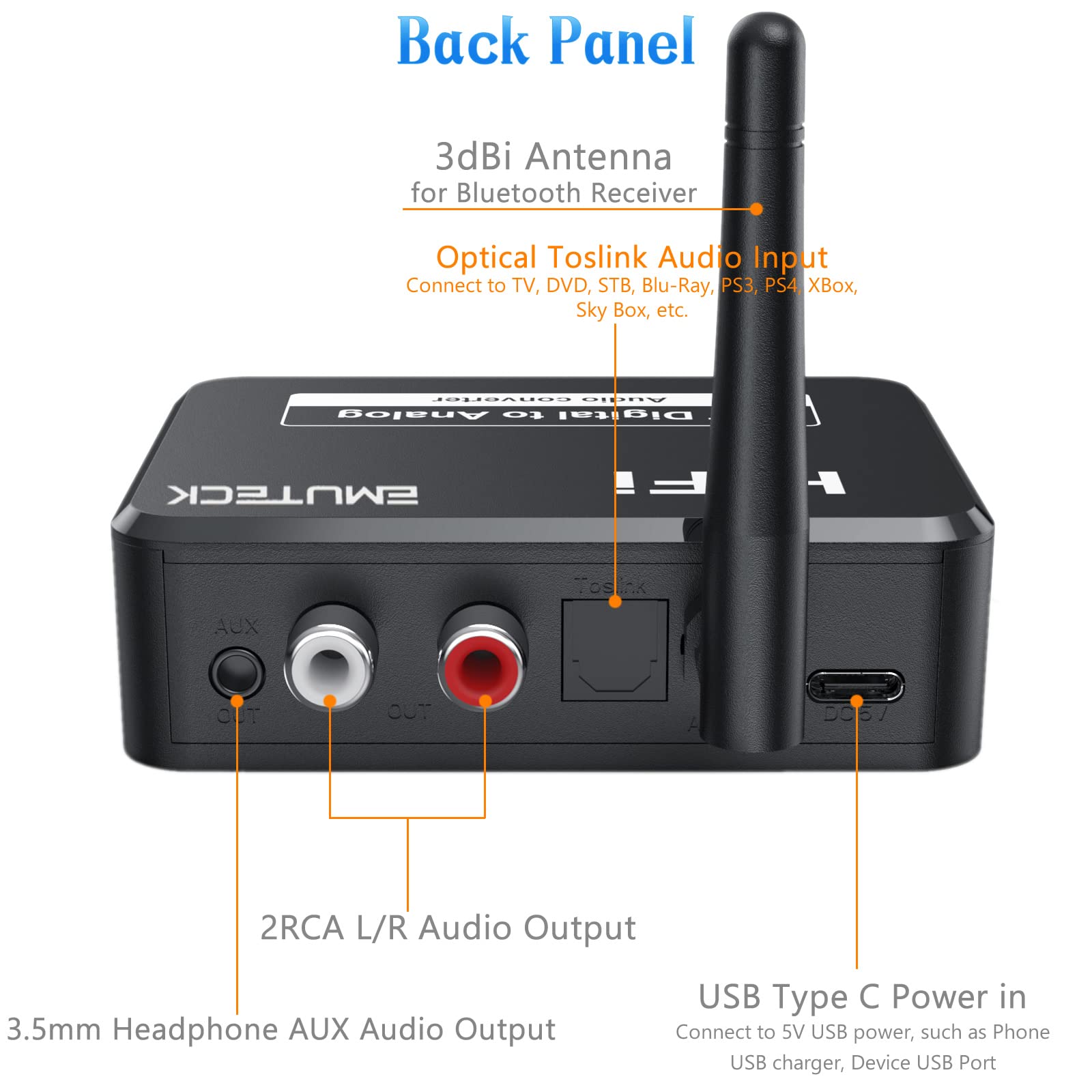 EMUTECK 192kHz Digital to Analog Audio Converter DAC Optical Toslink SPDIF to L/R RCA AUX 3.5mm Jack Adapter, Bluetooth Receiver, USB MP3 Player, Adjustable Volume for TV PS3 PS4 Xbox DVD Home Stereo