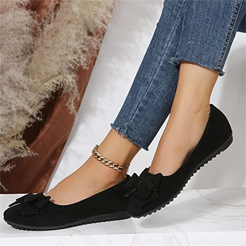 FASDNENDYS Ladies Fashion Solid Color Flock Bow Round Toe Comfortable Flat Casual Shoes Casual Flat Leather Shoes for Men Black