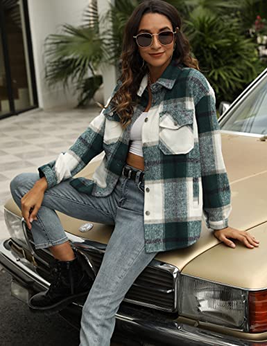 Tanming Womens Brushed Flannel Plaid Lapel Button Short Pocketed Shacket Shirts Coats(01 Green-M)