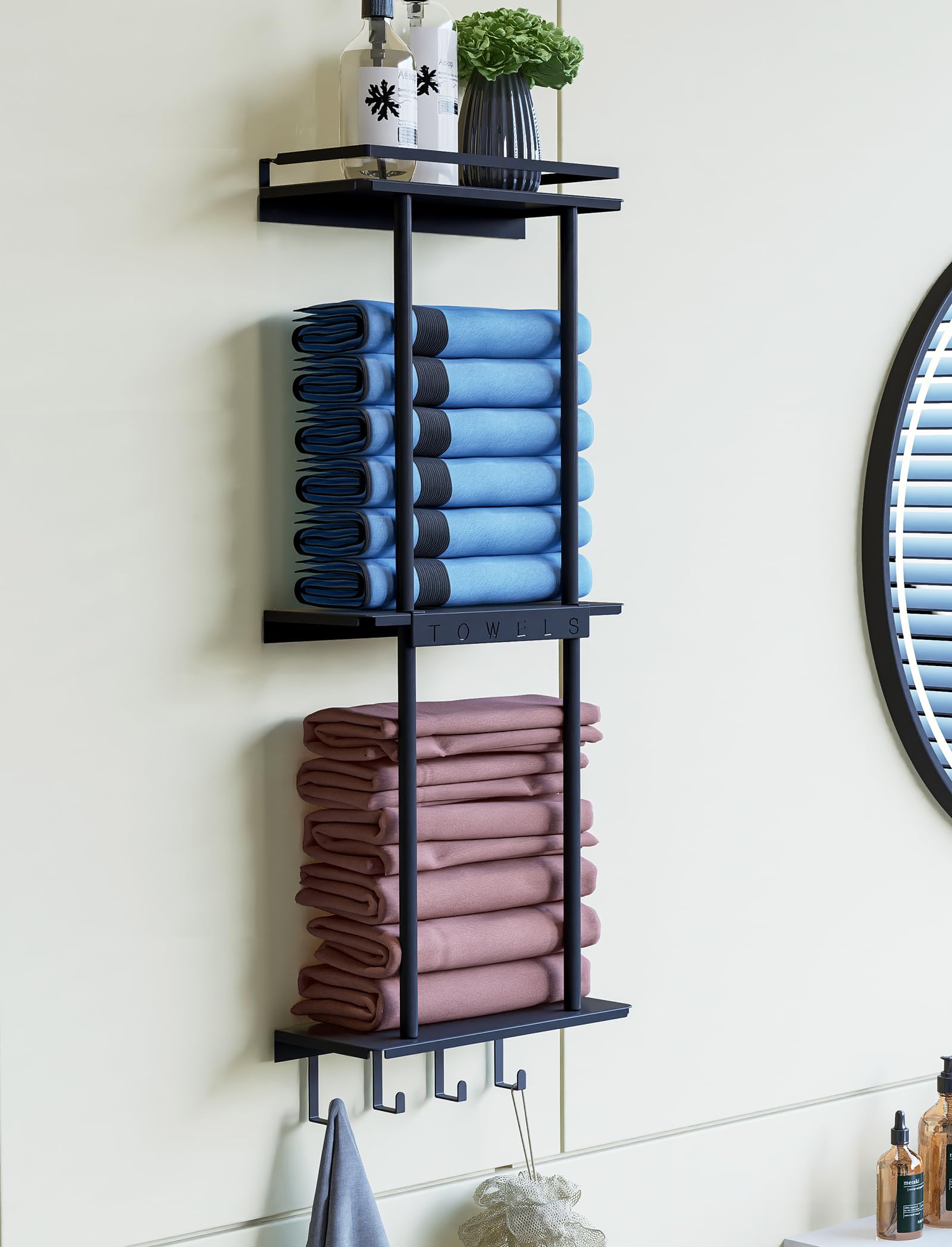 Menoeceus Towel Racks for Bathroom, Towel Rack Wall Mounted with Shelf, 3 Tier Wall Towel Holder Rack with 4 Hooks, 30 inch Bath Towel Storage Shelf for Towels Organizer, Matte Black