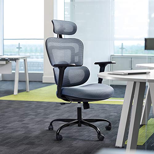 Furmax Ergonomic Office Chair Computer Desk Chair Mesh Fabric High Back Swivel Chair with Adjustable Headrest and Armrests Executive Rolling Chair with Curved Lumbar Support (Gray)