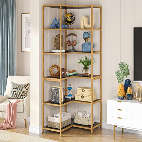 Tribesigns 6-Shelf Corner Bookshelf, 70.9" Tall L-Shaped Corner Bookcase Large Etagere Book Shelving Unit Corner Shelves Stand Storage Display Rack with Metal Frame for Living Room Office, Black Gold