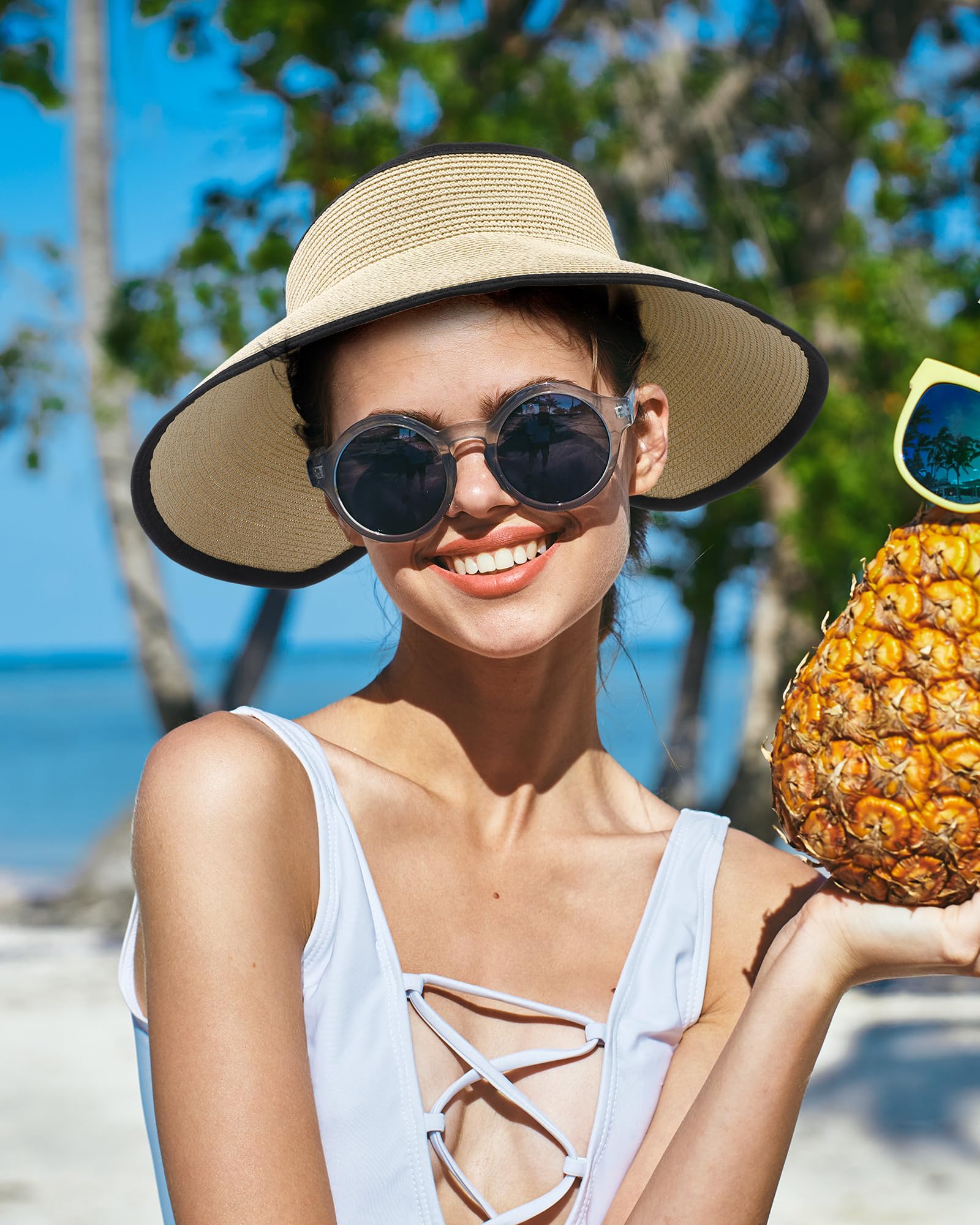 JaGely 3 Pieces Foldable Straw Sun Visors Hats Wide Brim Ponytail Summer Beach Hat Sun Protection Wide Brim Sun Hats Adjustable Beach Hat for Women