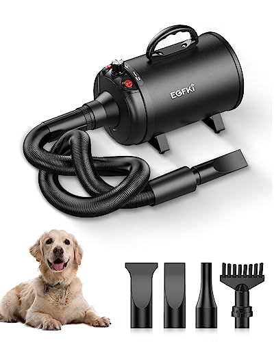 EGFKI Dog Dryer, 5.2HP/ 3800W Pet Grooming High Velocity Force Blower with 4 Nozzles, Adjustable Speed and Temperature Dog Hair Dryers for Grooming