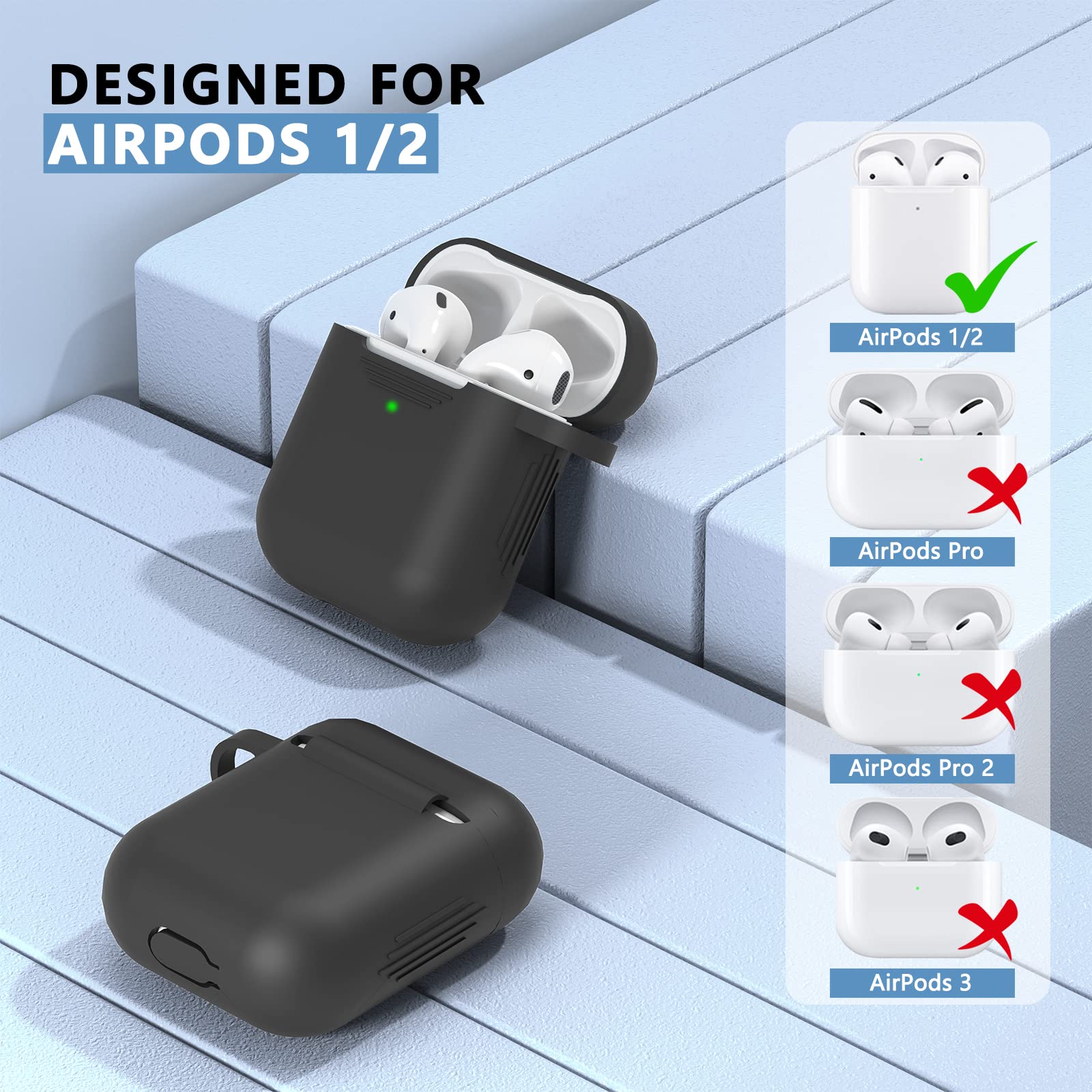 GOKIMAE for AirPods Case Cover,Soft Silicone Protective Cover with Keychain and AirPod Cleaner kit,Compatible with Apple AirPods 2nd & 1st Generation Charging Case (Black)