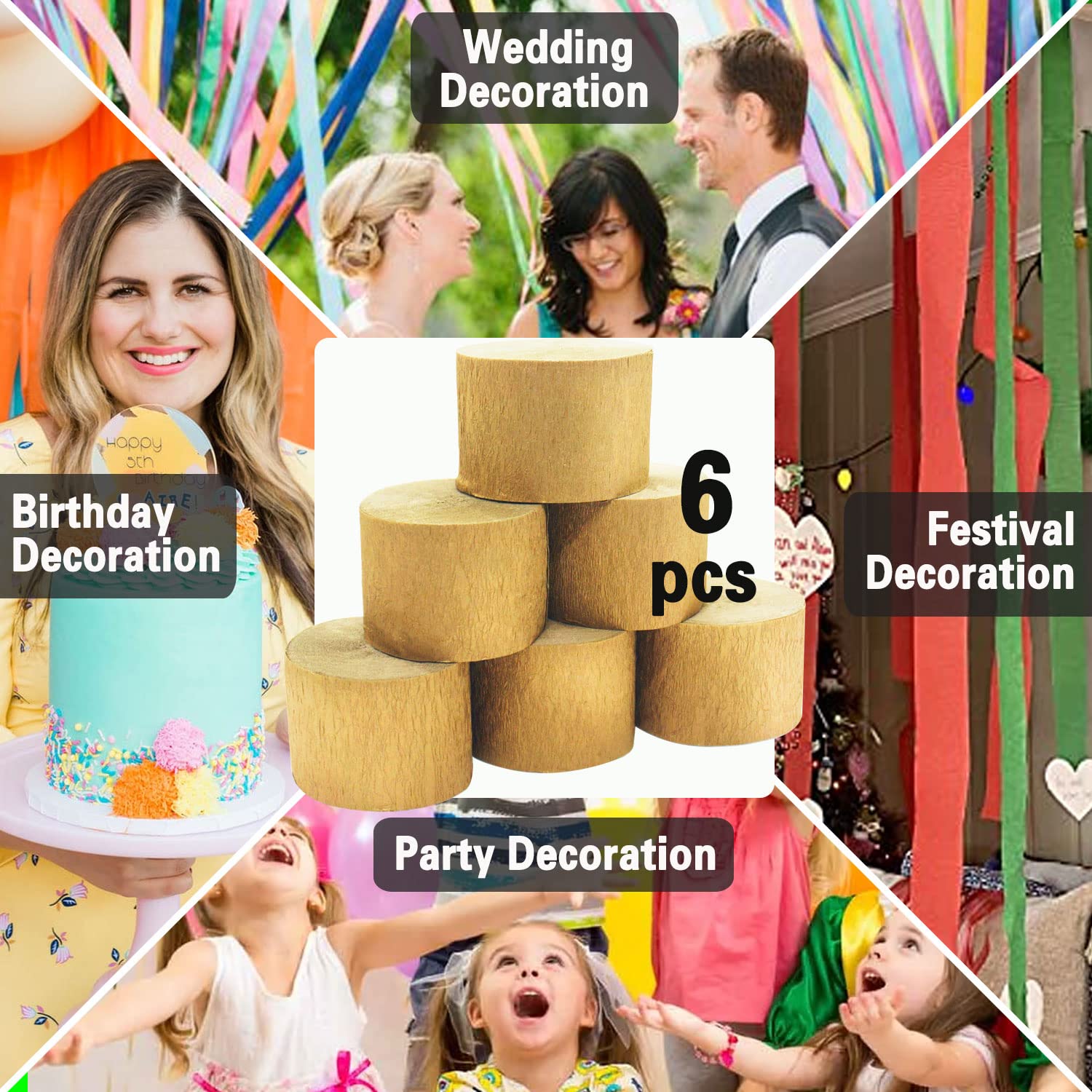 Gold Crepe Paper Streamers 6 Rolls for Party Streamers Decorations Birthday Wedding Baby Bridal Shower Backdrop Craft Supplies (1.8 Inch x 82 Ft/Roll,492ft)