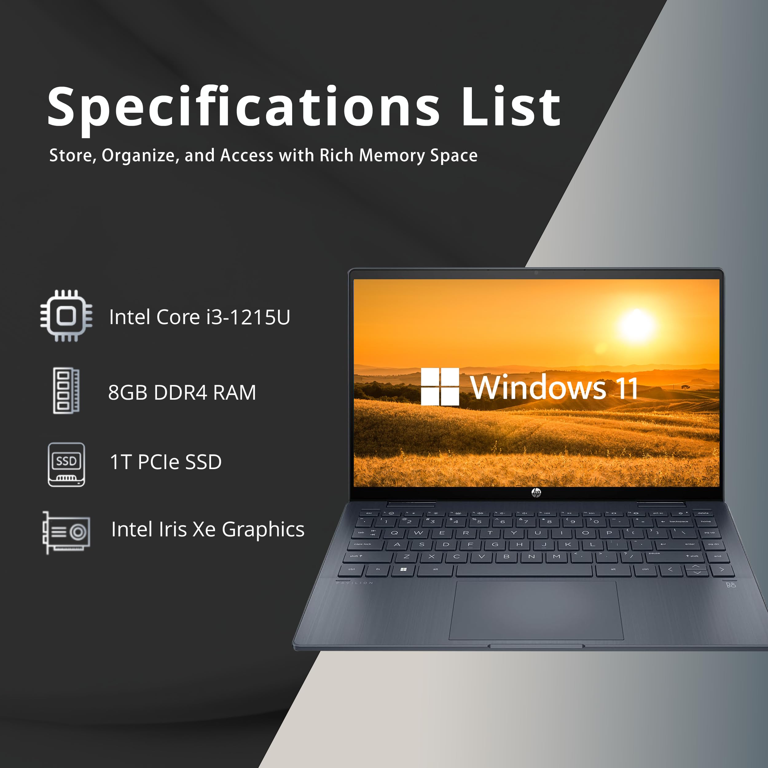 HP Pavilion x360 2-in-1 Laptop, 14" Full HD Touchscreen, Intel i3-1215U, 8GB DDR4 RAM, 1TB PCIe SSD, Intel Iris Xe Graphics, HD Camera, B&O Audio, Windows 11, Blue, 32GB Hotface USB Card