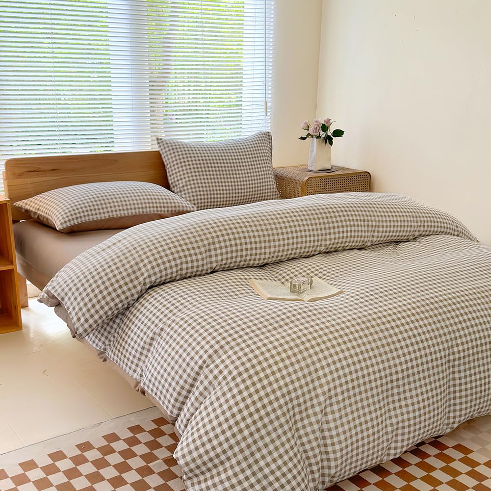 NSNLGSGC Queen Gingham Grid Duvet Cover Set Tan- Washed Microfiber Plaid Comforter Cover Set Brown Soft & Lightweight Breathable Clean Bedding Set(3PCS, Queen)