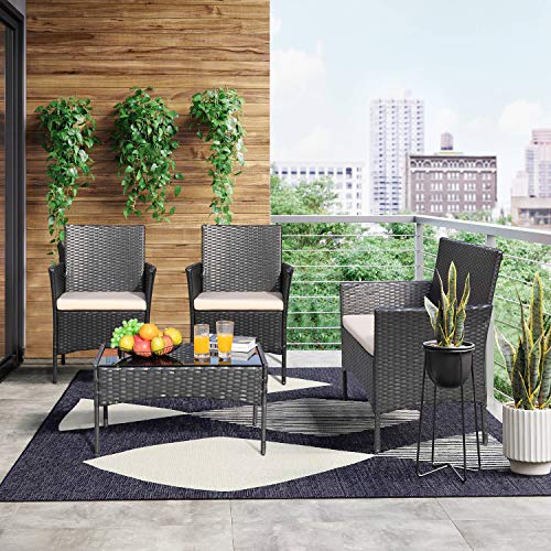 KaiMeng Patio Outdoor 4 Pieces Indoor Use Conversation Sets Rattan Wicker Chair with Table Backyard Lawn Porch Garden Poolside Balcony Furniture, Black