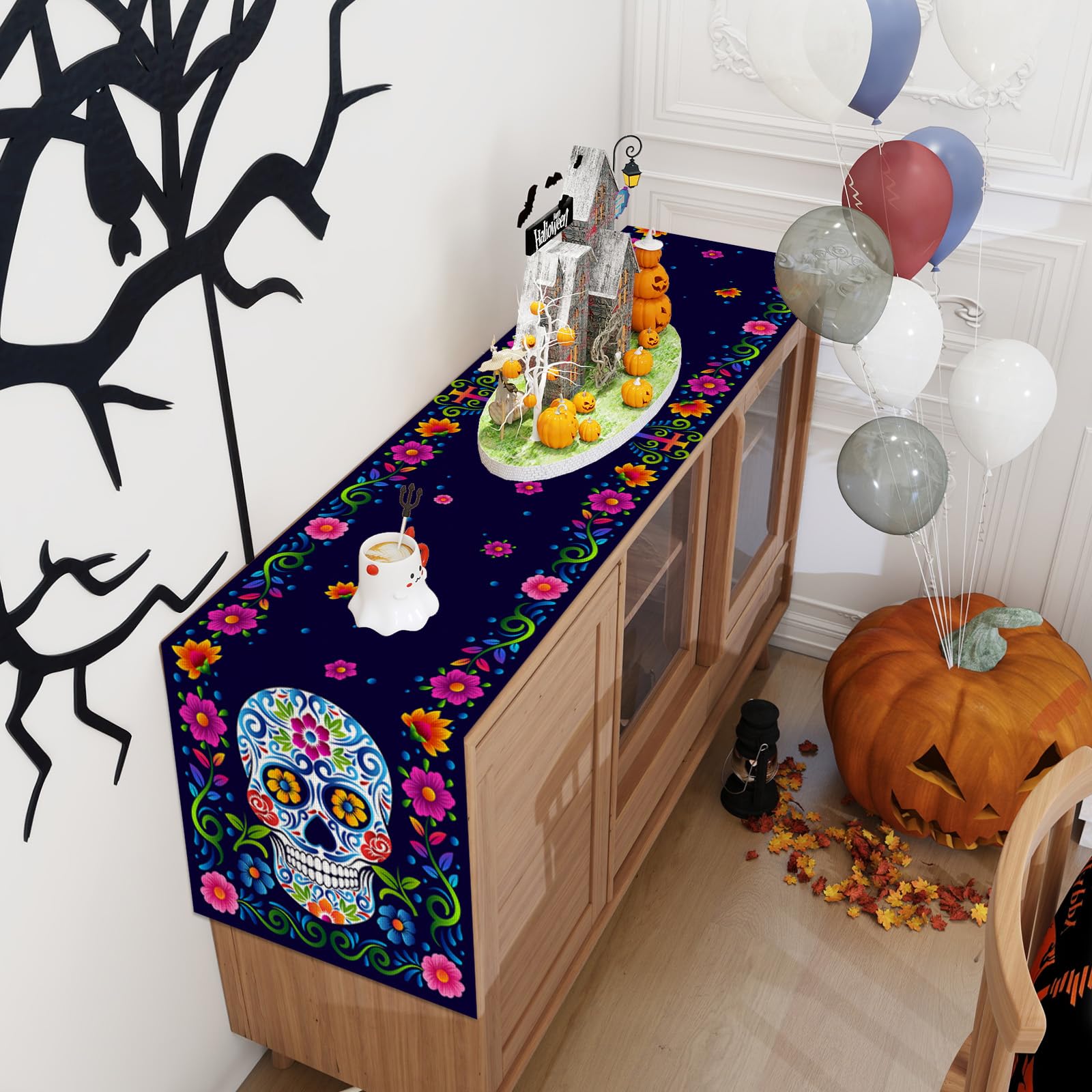 Linen Dia De Los Muertos Table Runner 72 Inches Long Day of The Dead Tablecloth Mexican Fiesta Themed Party Decorations and Supplies for Home Kitchen Dining Room Table