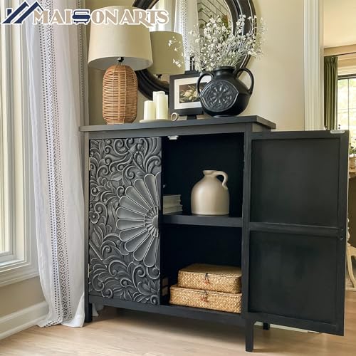 MAISON ARTS Black Accent Cabinet with Doors Distressed Storage Cabinet Farmhouse Cabinet Kitchen Bar Wine Cabinet Solid Wood Frame for Entryway Living Room Bedroom