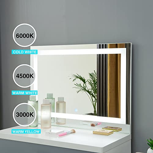 Vanity Makeup Dressing Table Stool Set, Modern Dressing Table Makeup Desk with LED Touch Light Mirror Drawers Shleves Stool(46.5" L*13.7”W*49”H) White
