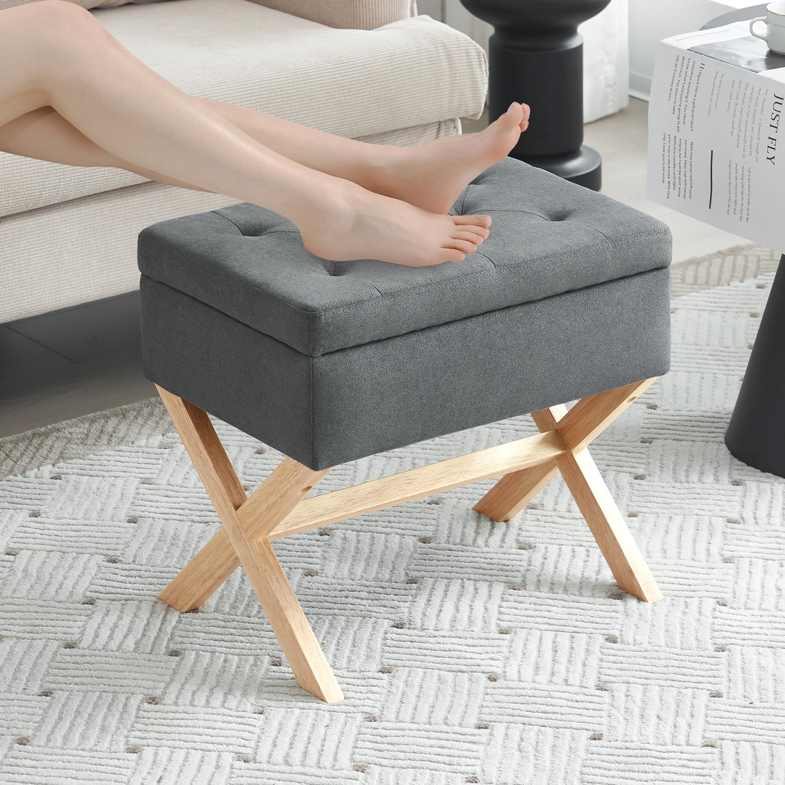 Furniliving Linen Storage Ottoman Square Ottoman Button-Tufted Foot Stool with Wooden X Legs, Modern Footrest Rectangle Vanity Stool, Makeup Stool for Living Room, Bedroom (Grey)