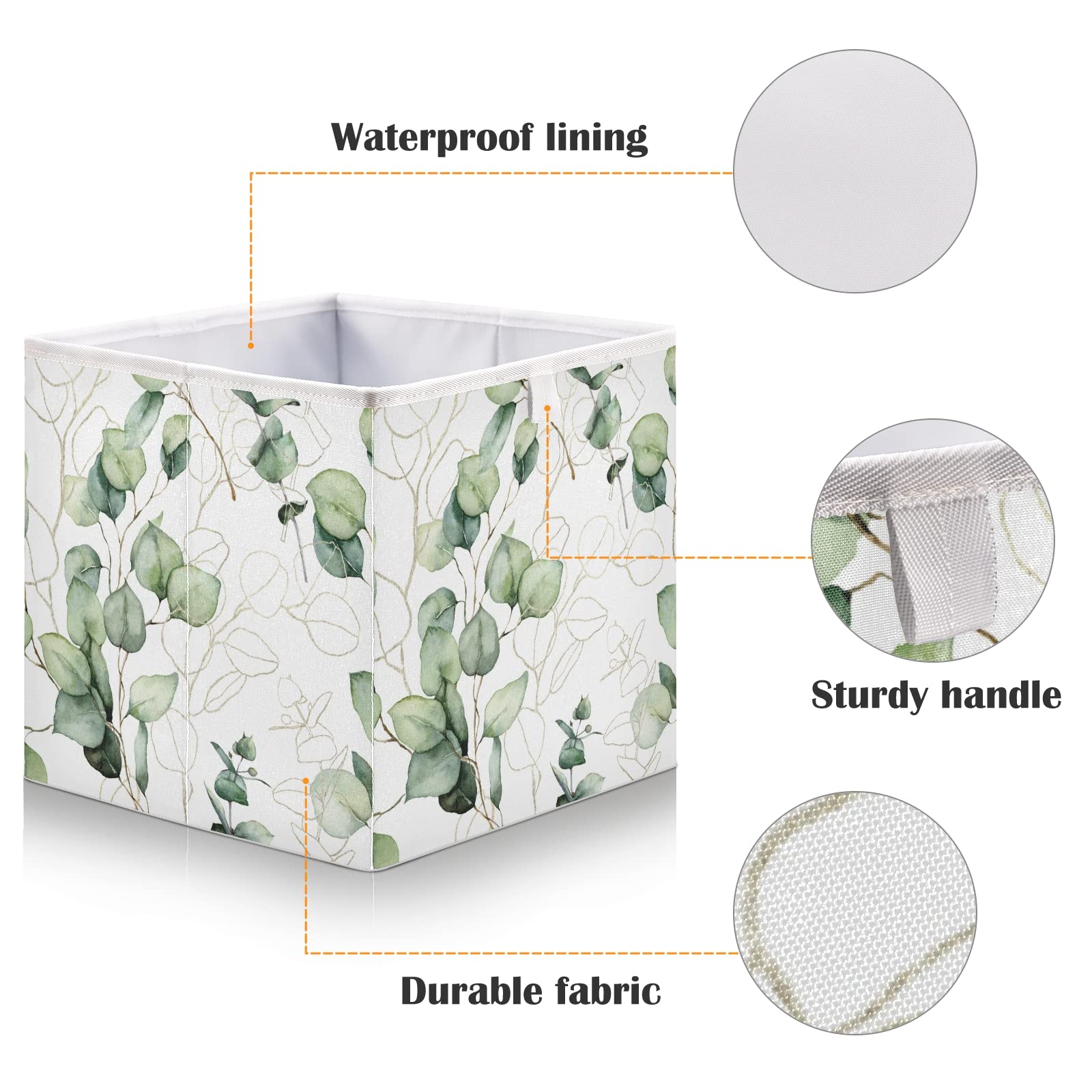 Gold Eucalyptus Branches, Green Eucalyptus Leaves Golden Linear Leaves Square Storage Basket Bin, Collapsible Storage Box, Foldable Nursery Baskets Organizer for Toy, Clothes Easy to Assemble