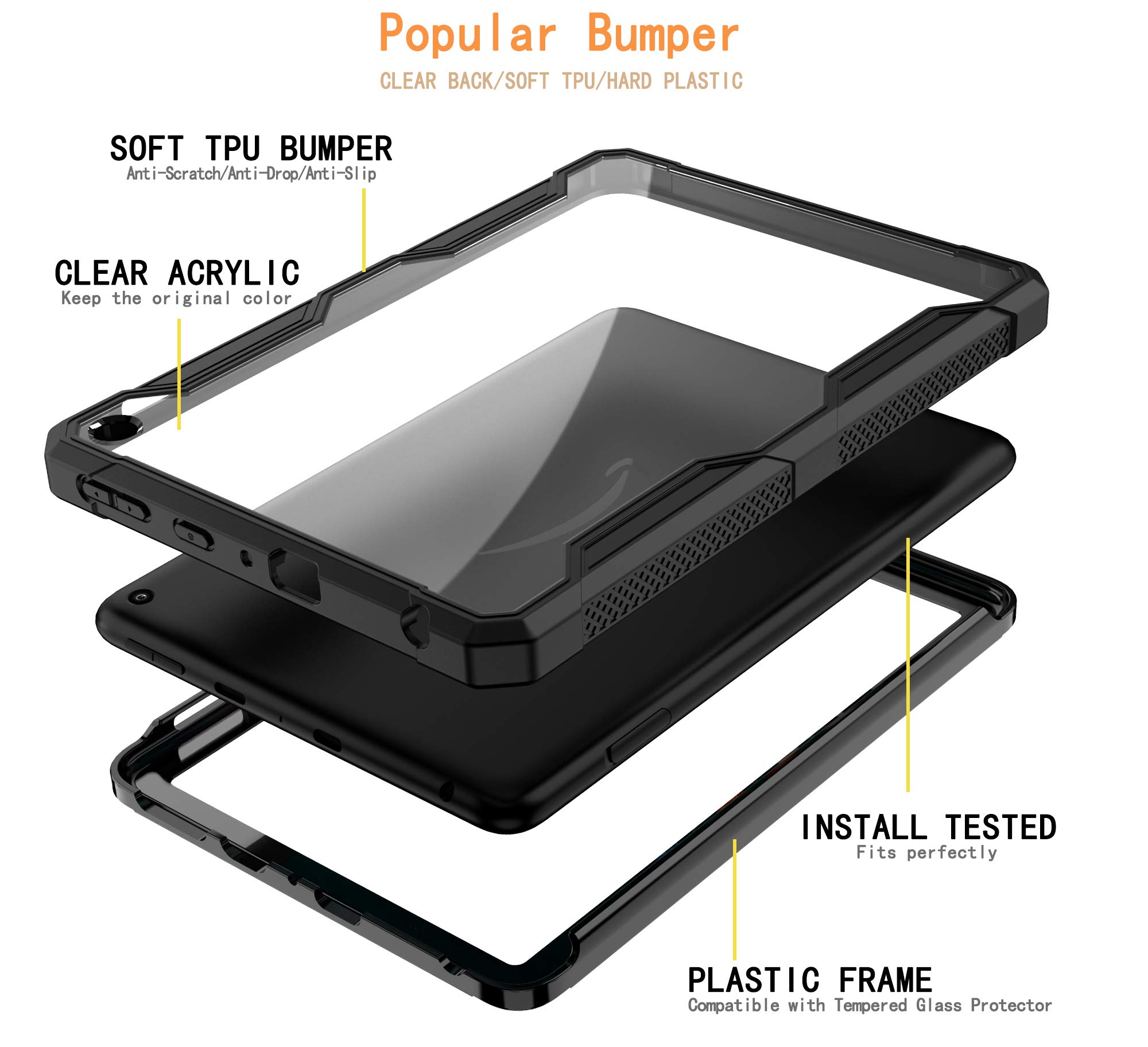 EpicGadget Case for Amazon Fire HD 8 / Fire HD 8 Plus (10th Gen, 2020 Released) - Clear Back Full Body Dual Layer Protective Hybrid Cover Case Support Wireless Charging for HD 8 Plus (Black)