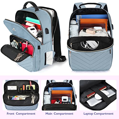 MATEIN 15.6 Laptop Backpack, Quilted Cute Slim Backpacks for Women with Luggage Strap & Leather Handle, Lightweight Fashion Travel Computer Bag Padded Durable Casual Daypack for Office, Business, Blue
