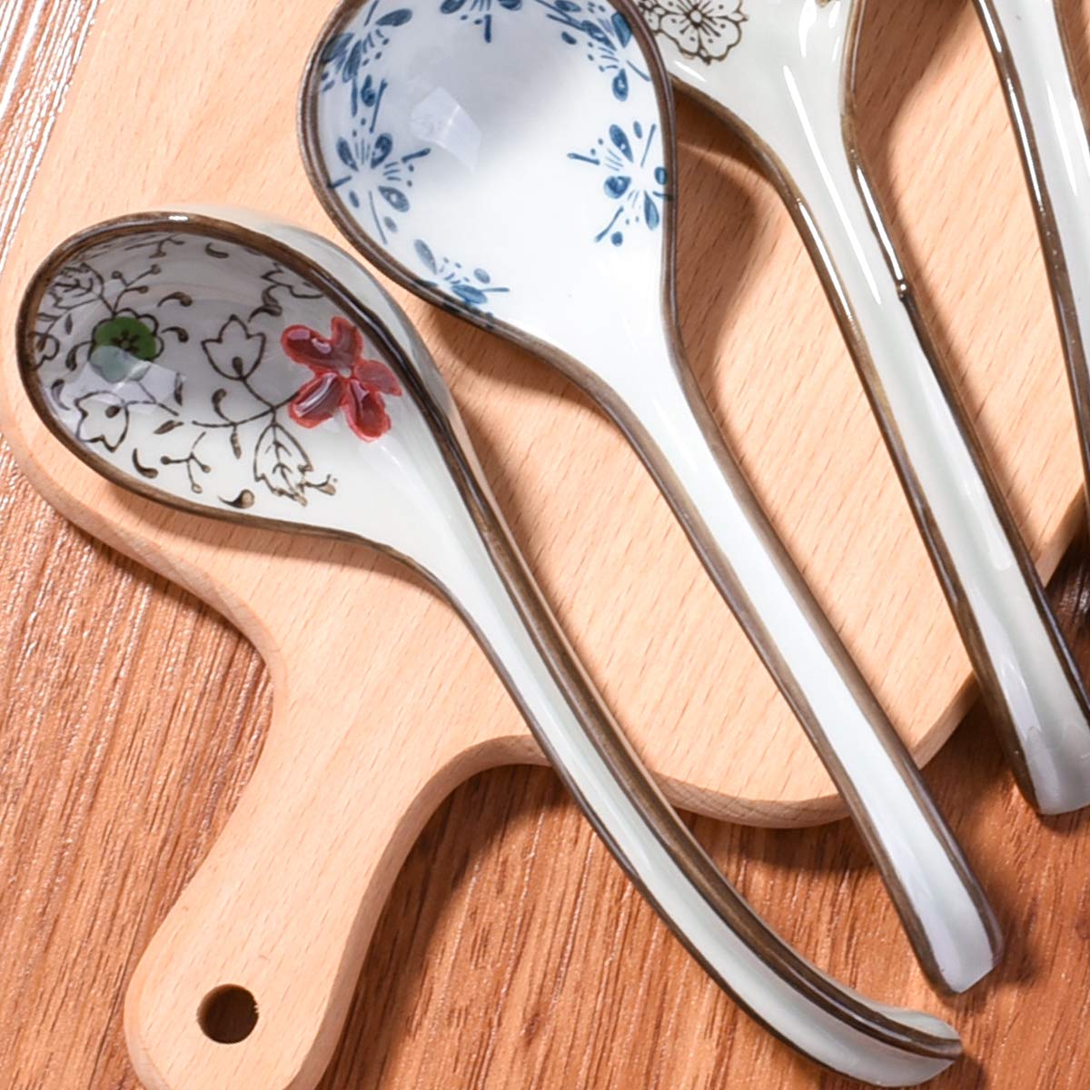 Japanese and Korean Ceramic Soup Spoons set of 5, Hand-Painted, Curved Spoons, Long Handle Rice Spoons