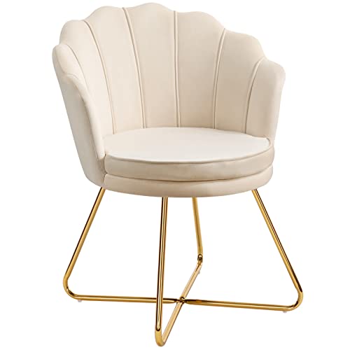 Furnimart Upholstered Accent Chair Living Room Chair, Velvet Curved Vanity Chair with Gold Plating Legs, Compy Cute Chairs for Bedroom, Living Room, Office, Guest Reception (Khaki)