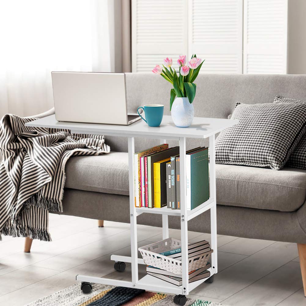 Ejoyous Side Tables Cart, Rolling Wheel Laptop Computer Desk Home Office Portable Mobile Over Bed Table Sofa Couch Side Table with Wheels Household Table, White