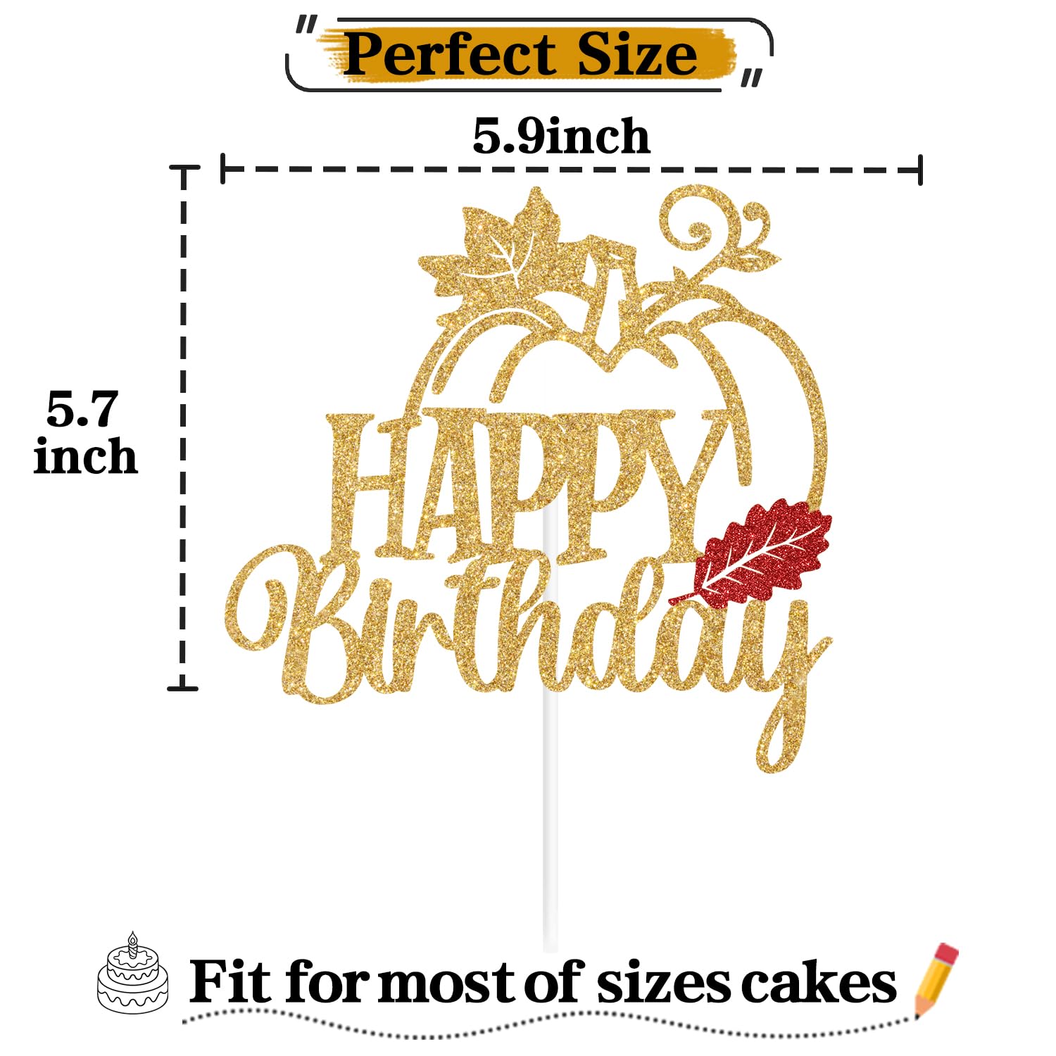 Gold Glitter Pumpkin Happy Birthday Cake Topper, Pumpkin Themed Birthday Party Decorations, Autumn Fall Maple Leaves Birthday Party Decorations Supplies