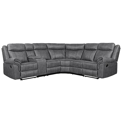Evedy Manual Sectional, Oversized Recliner Sofas Seating with Cup Holder,Hide-Away Storage,2 USB Ports and 2 Power Sockets,for Home Theater,Living Room Furniture Set-Grey