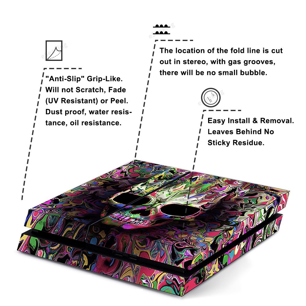 eSeeking Whole Body Vinyl Skin Sticker Decal Cover for PS4 Console and 2PCS Controllers Skins Colorful Skull