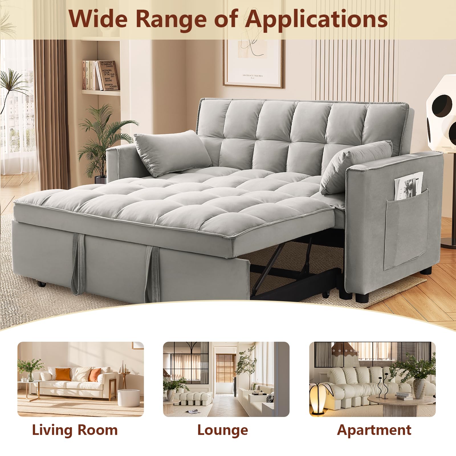 Nonlita Convertible Sofa Bed,3 in 1 Velvet Convertible Sleeper Sofa Bed,Lounge Sleeper Sofa with Pullout Bed,Small Love Seat Lounge Sofa w/Reclining Backrest,Toss Pillows, Pockets,for Living Room,Gray