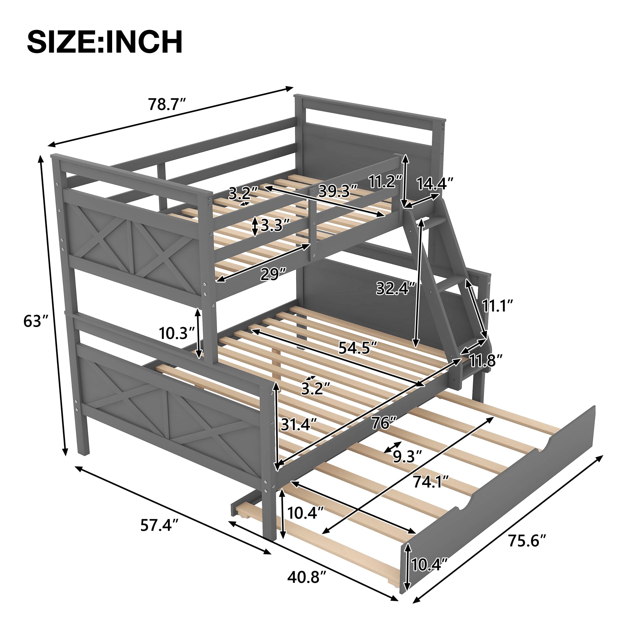 Merax Twin Over Full Bunk Bed with Trundle, Ladder & Safety Guardrail, Wooden Bunk Bed Frame for Kids Adults Teens Bedroom, Convertible to 2 Separated Beds, No Box Spring Needed, Easy Assembly, Grey