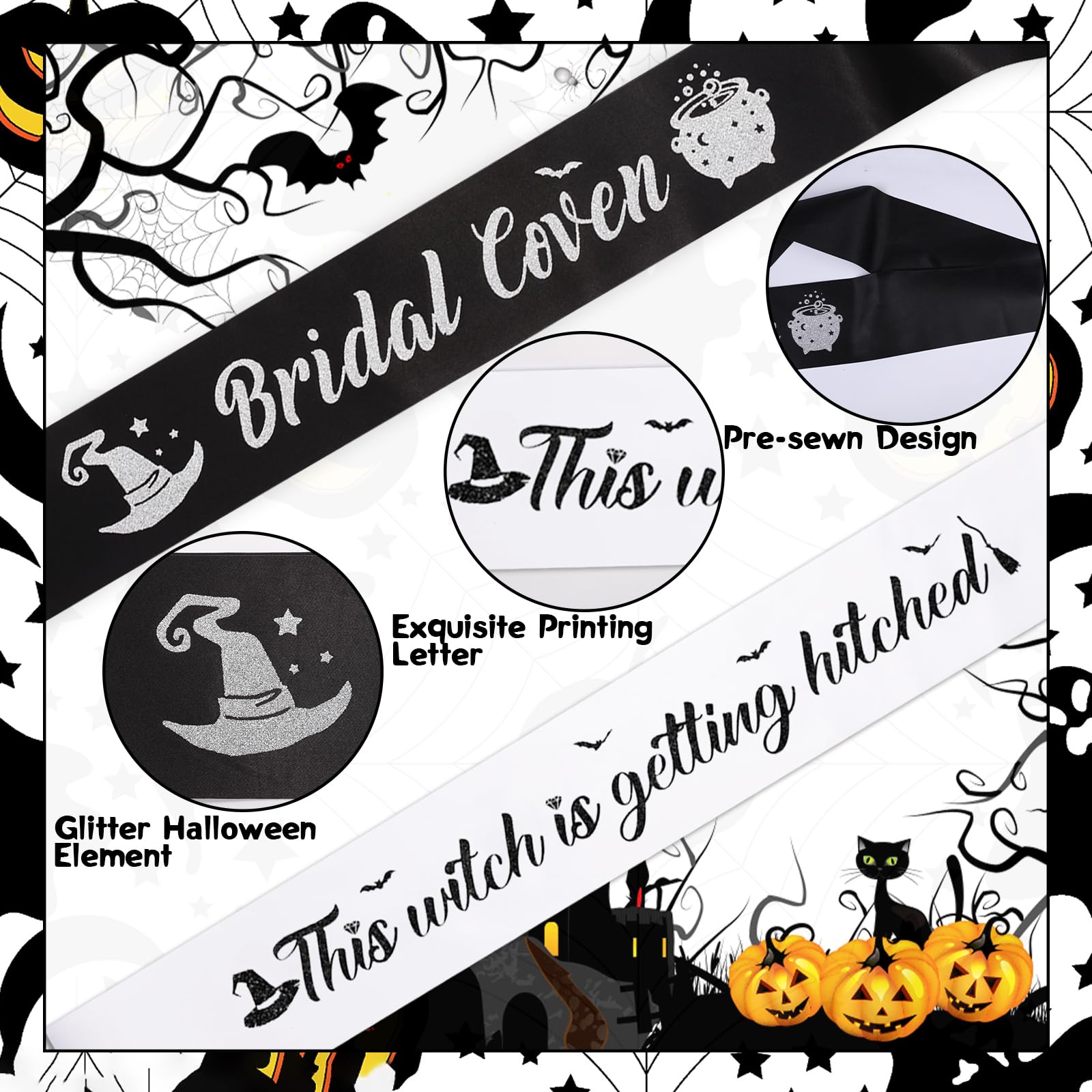 Serencatcher 7Pcs Bachelorette Party Sash Set, This Witch is Getting Hitched Bride Sash, Bridal Coven Sashes with Witch Hat and Jar Pattern for Bridal Shower Bachelorette Witch Theme Halloween Party
