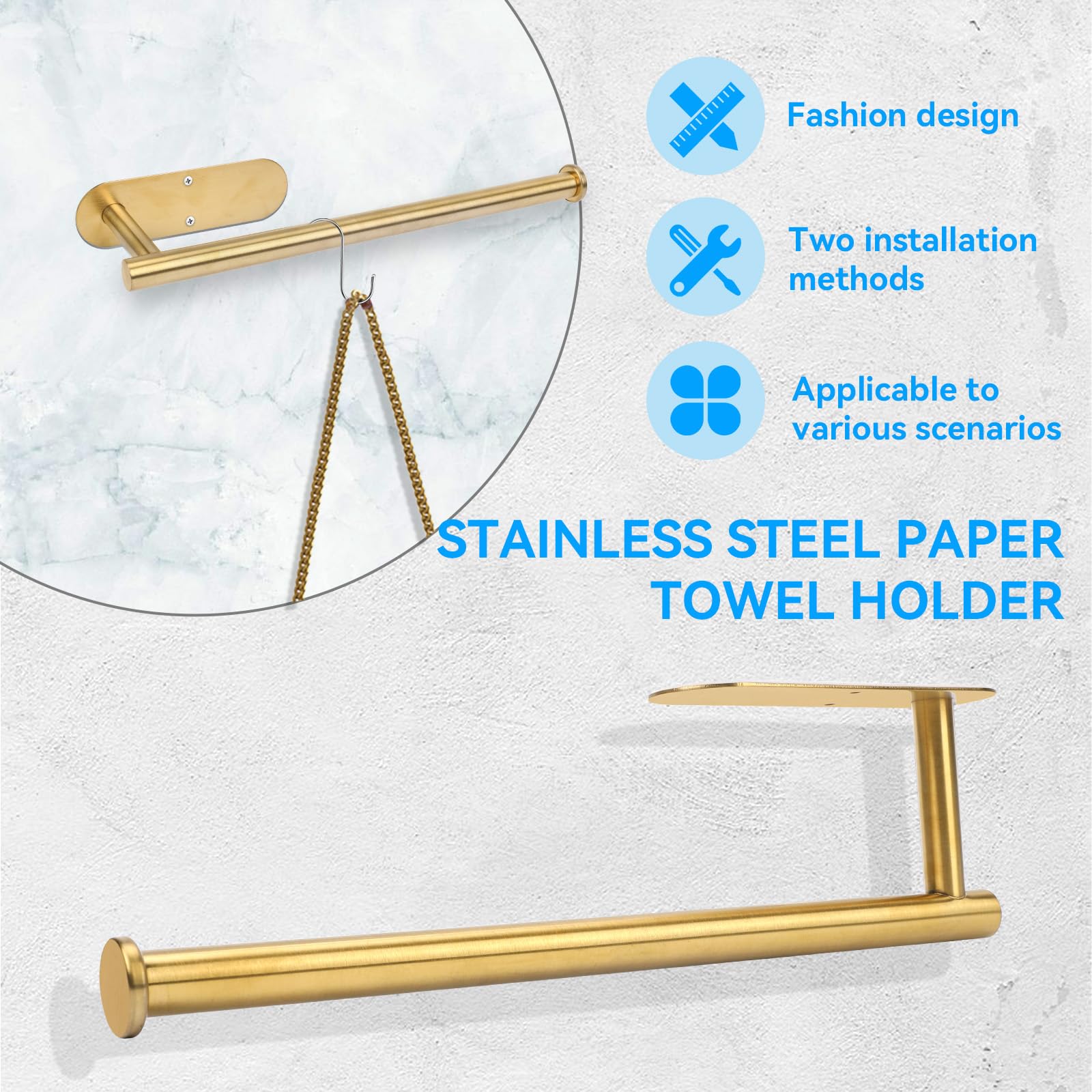 Gold Kitchen Paper Towels Holder Wall Mount Stainless Steel Paper Towel Holders Adhesive Under Cabinet Paper Towel Roll Rack for Kitchen, Bathroom