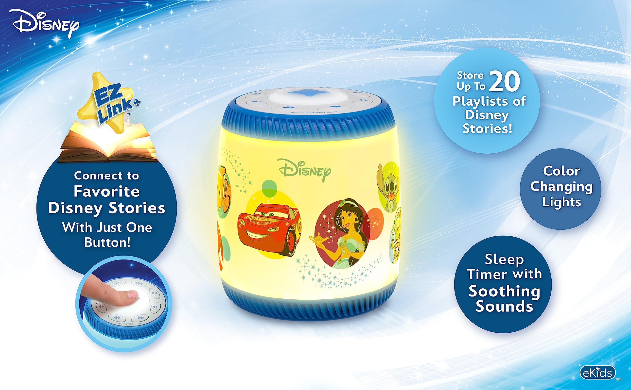 eKids Disney Bluetooth Storyteller with EZ Link, Night Light, Sleep Sounds, and Bedtime Stories for Kids, Designed for Fans of Disney Toys