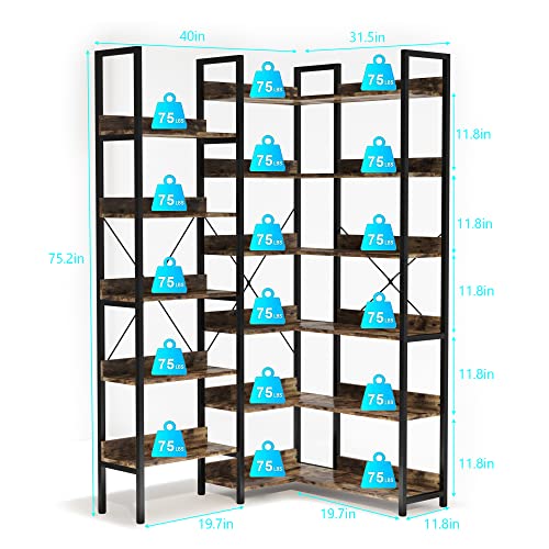 PAKASEPT 6-Shelf Corner Bookshelf, Triple Wide 6-Tier Bookcase, Large Modern Corner Shelf with Metal Frame, Open Bookshelves for Living Room Home Office, Rustic Brown