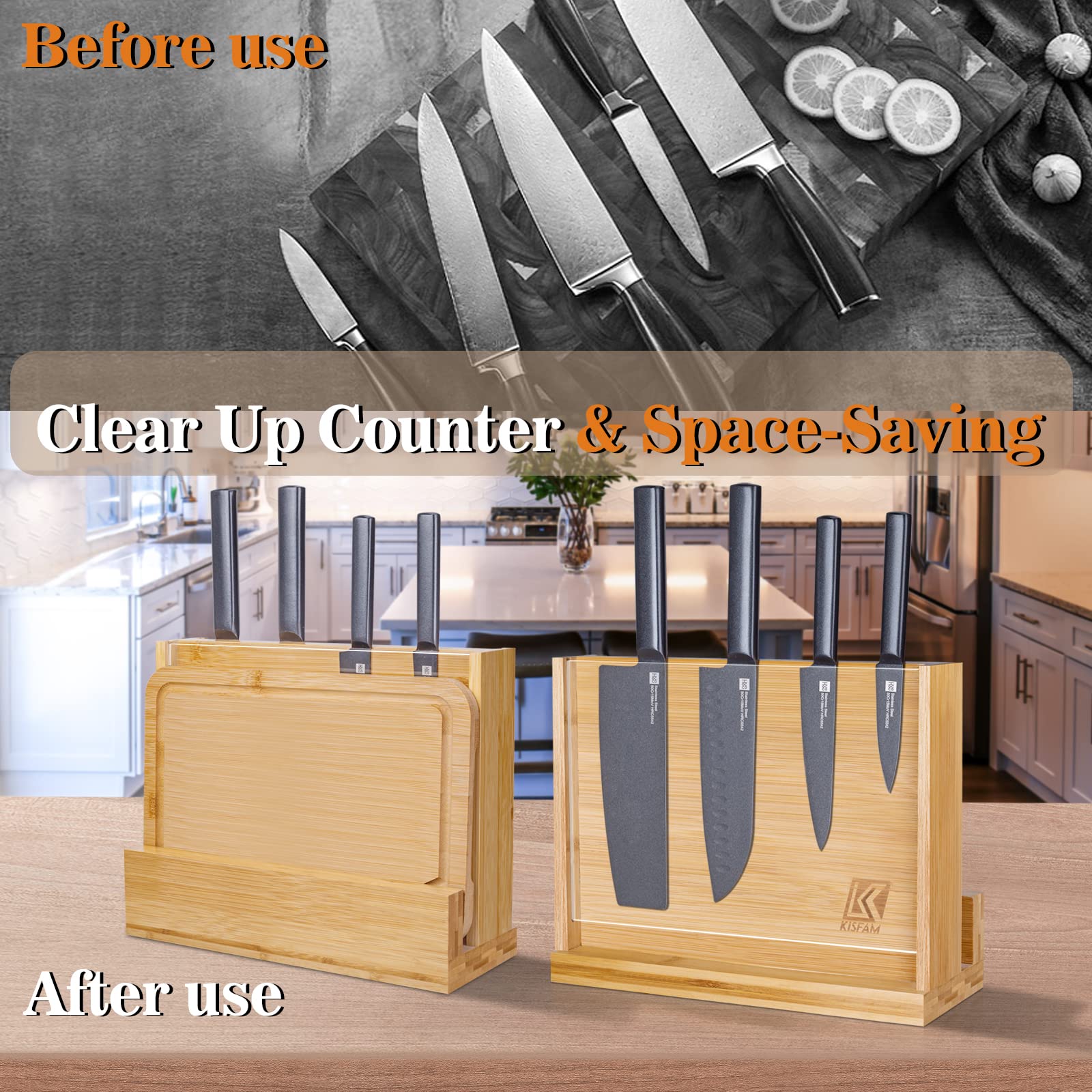 Magnetic Knife Block, Universal Knife Holder Wooden Knives Rack with Double Sided Magnetic and Acrylic Protection Shield for Kitchen Multifunctional Storage (Without Knives & Cutting Board)