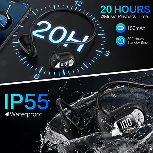 Open Ear Headphones Wireless Bluetooth, Air Conduction Earbuds Bluetooth 5.3 For Sports, 20h Playtime Touch Control Headset For Running, Cycling, Hiking, Driving,Earphones Gift for Men Women(Black)