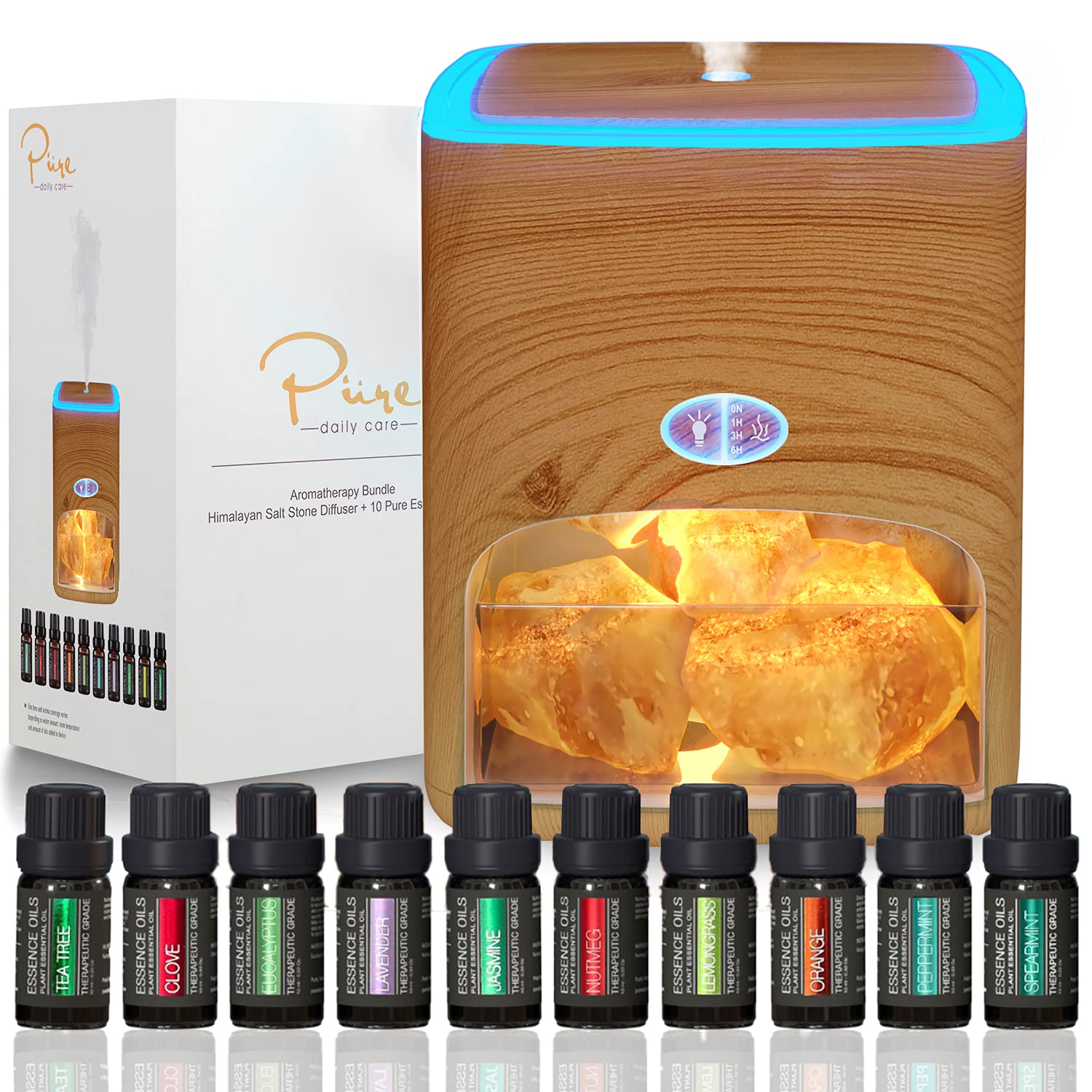 Himalayan Pink Salt Diffuser & 10 Essential Oils ā 2-in-1 Therapeutic Device - Aromatherapy & Ionic Himalayan Salt Therapy ā 400ml Ultrasonic Vaporizer and Ionizer with Ambient Glow (Light)