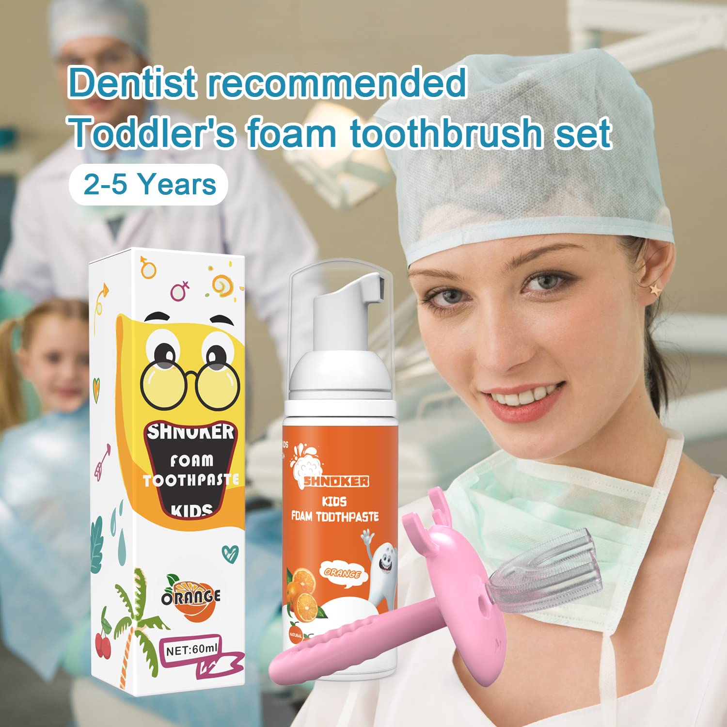 Toddler U-shaped toothbrush foam toothpaste set,Kids Silicone Toothbrush 360°Oral Teeth Cleaning for Toddlers Manual Training ToothBrush 2-5 Years,Kids Foam Toothpaste with Orange Flavor(Pink)