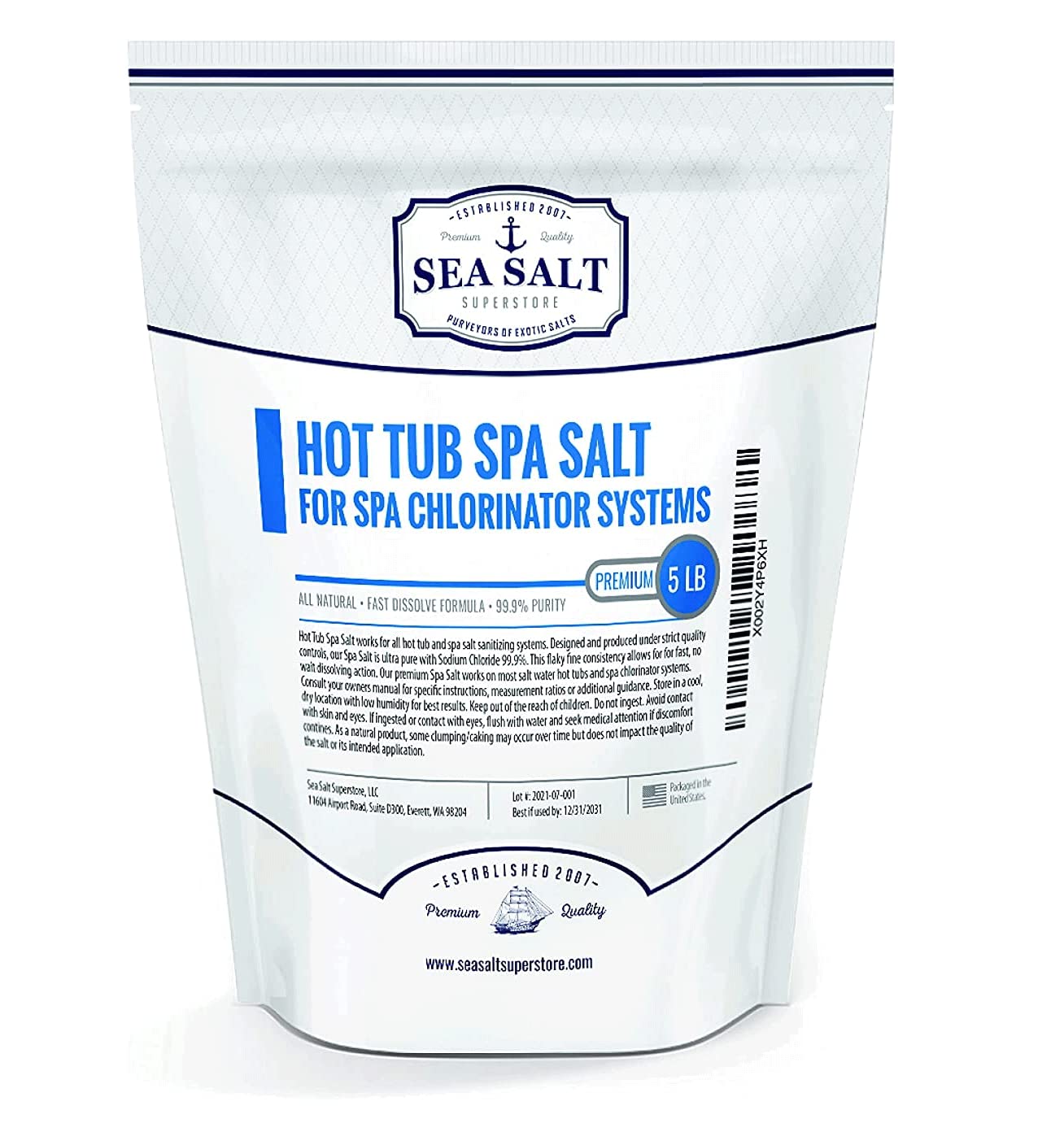 Hot Tub Spa Salt - Pool Salt for Salt Systems and Chlorine Generators Including Ace Freshwater, Hotspring, Jacuzzi, Caldera, Chloromatic - 5 Lbs/500 Gallons - Sea Salt Superstore