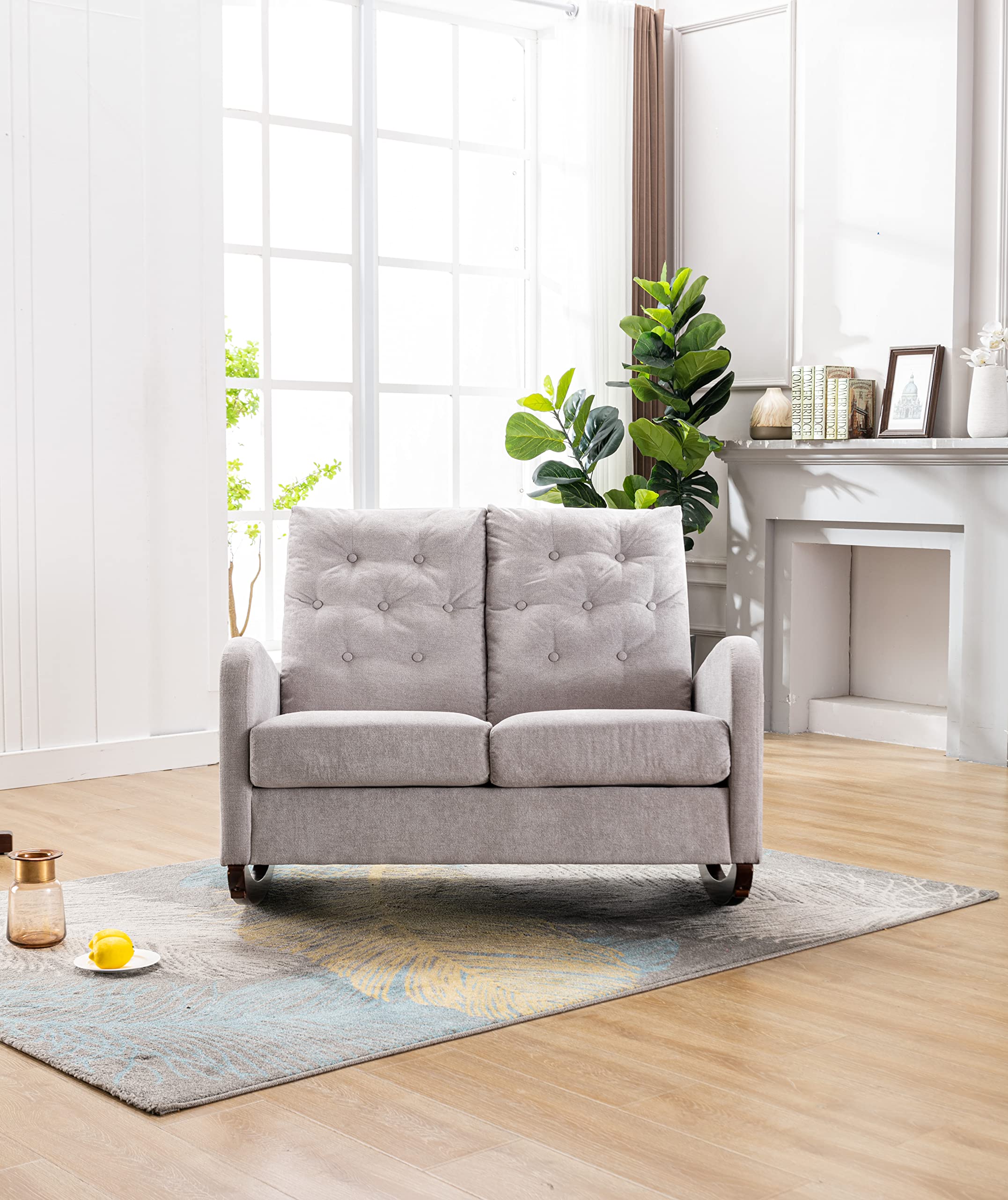 LUMISOL Modern Upholstered Double Rocking Chair, Nursery Rocking Loveseat with Tufted Backrest and Storage Pockets, Glider Rocker Chair for Bedroom, Living Room (Light Grey)
