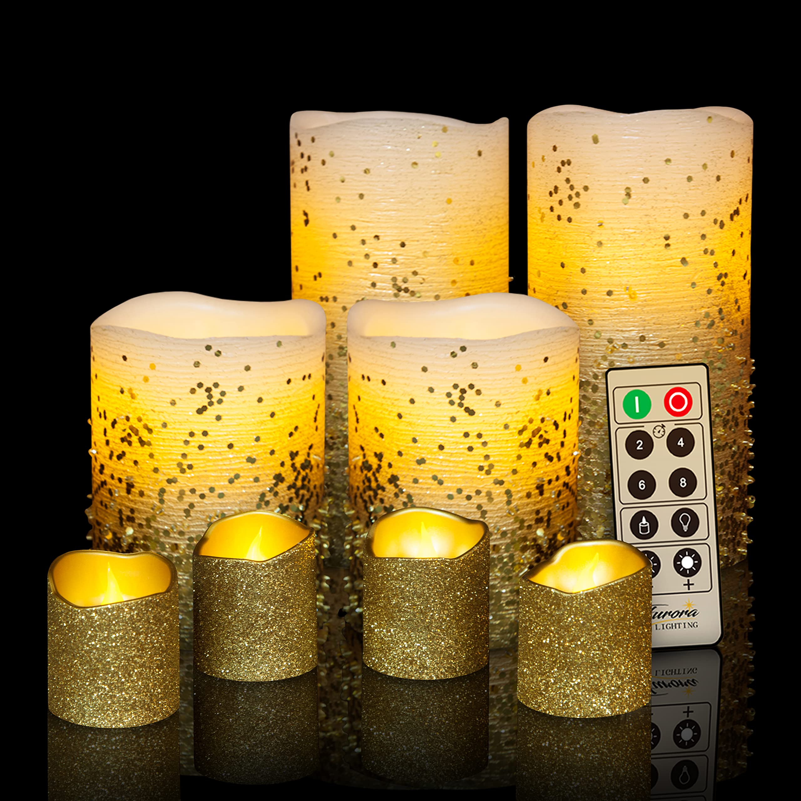FURORA LIGHTING Gold Glitter Real Wax Candles with Remote and Timer, 4 Pillars and 4 Votives Pack of 8, LED Flameless Flickering Candles for Home Décor, Battery Included