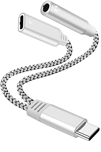 HLDInie USB c to 3.5mm Headphones and Charger Adapter, 2-in-1 USB c to Aux Audio Jack High Resolution DAC and Fast Charging Dongle Cable (White)