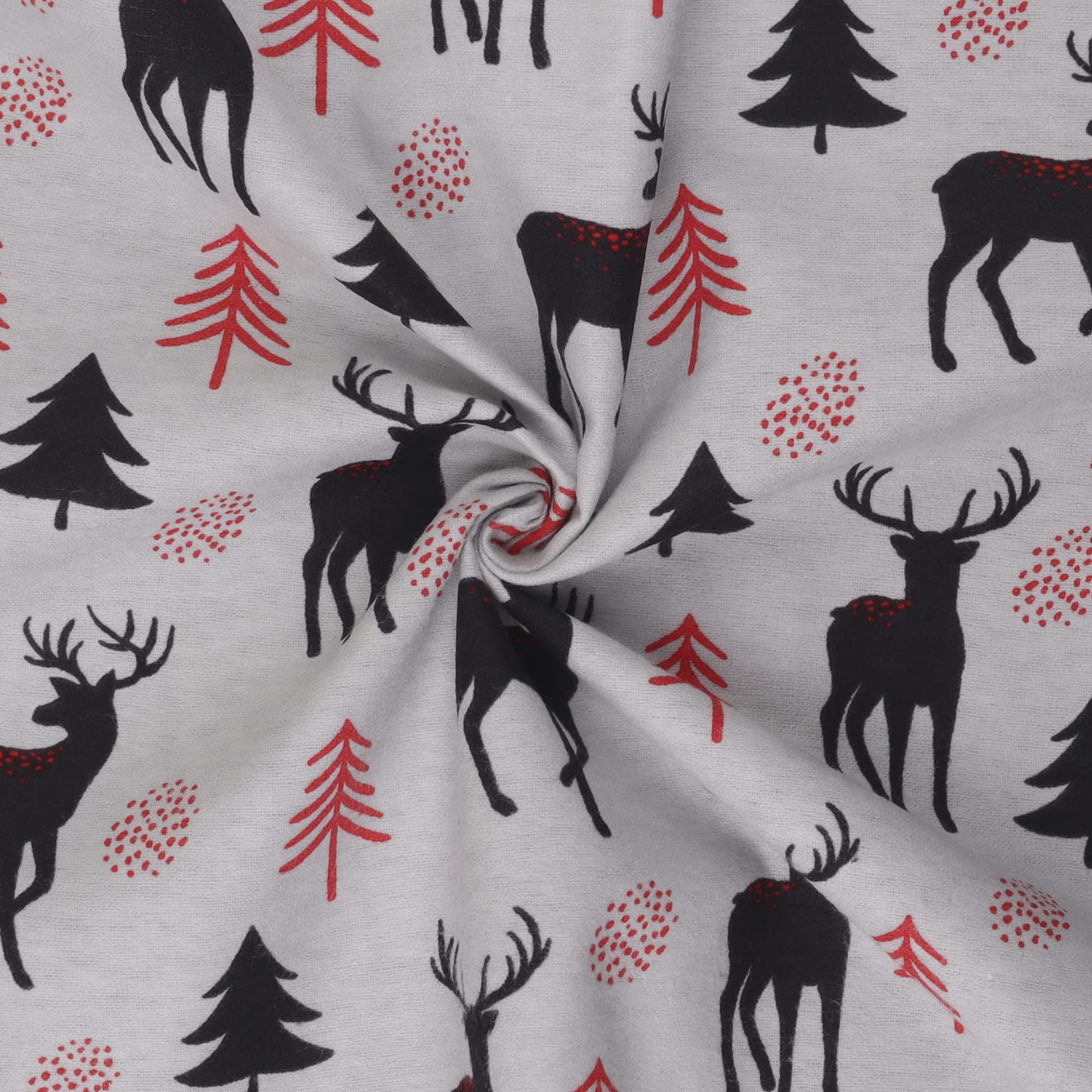 Mook Fabrics Flannel Snuggy PRT Deer/Tree, Grey/Red 15 Yard Bolt