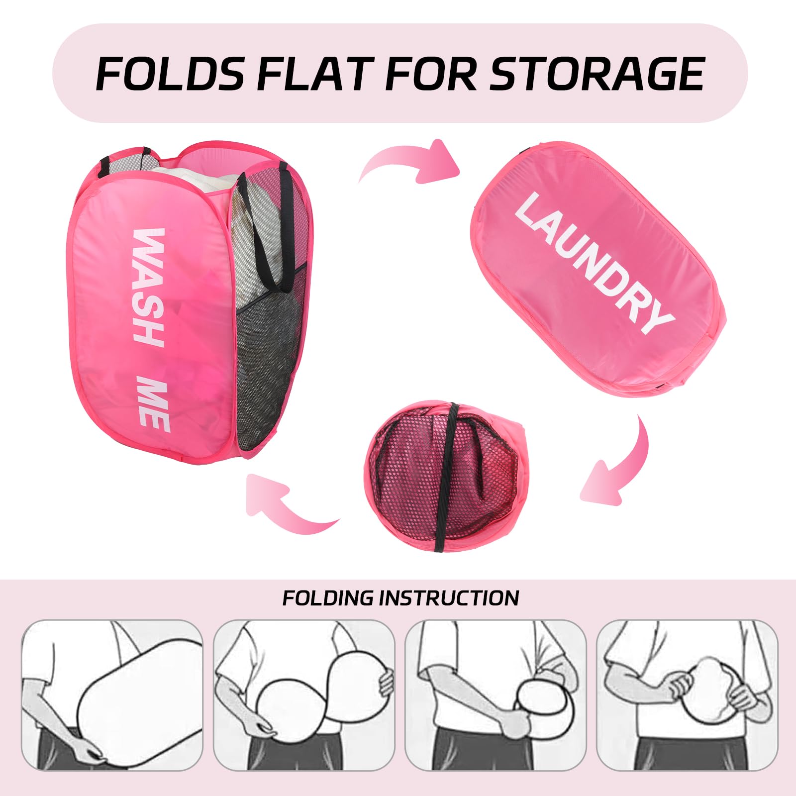 podafu 2 Pack Collapsible Kids Laundry Basket With Handles Mesh Pop Up Laundry Hamper for Bedroom, Dorm ,Travel or Camper (Pink + Blue)