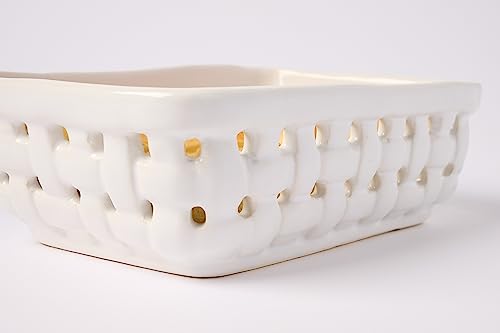 Mud Pie Ceramic Weave Serving Basket, White, basket 6" x 9" | towel 26" x 16 1/2"